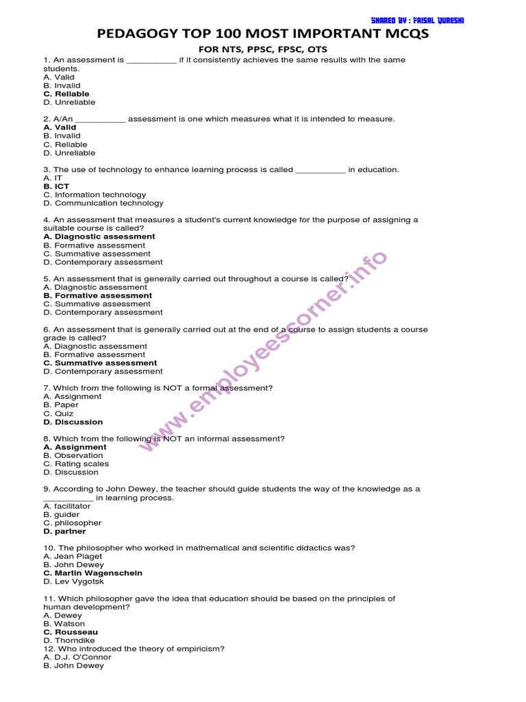 Pedagogy Top 100 Most Important MCQS | PDF | Educational Assessment ...