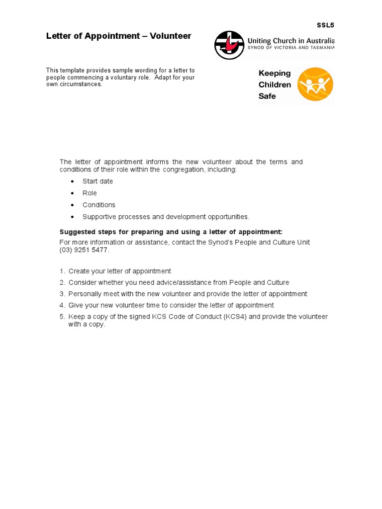 SSL5 Letter of Appointment Volunteer | Volunteering | Business