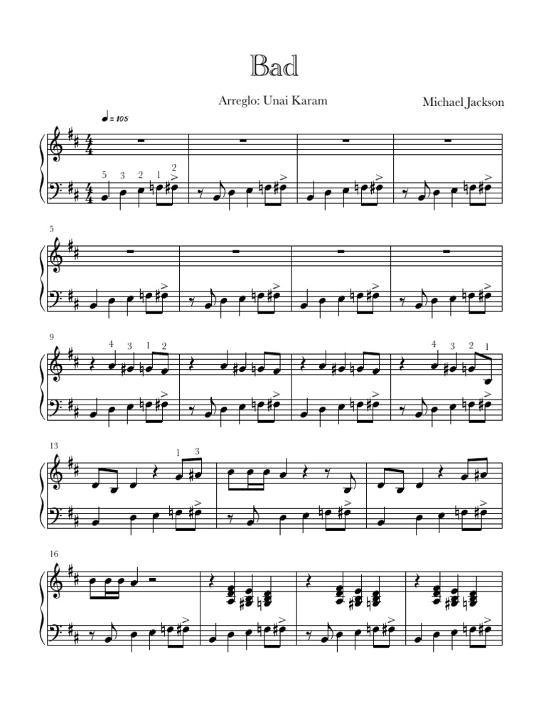 Partitura Piano Bad Michael Jackson | PDF