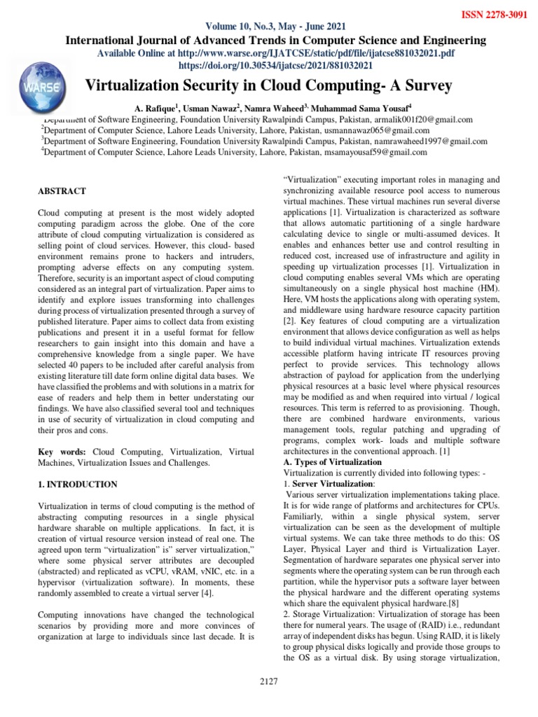 Virtualization Security in Cloud Computing - A Survey | PDF | Virtualization | Virtual Machine
