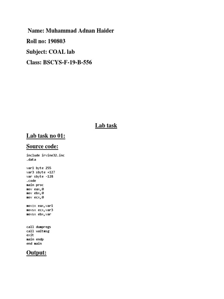 Roll No: 190803 Subject: COAL Lab Class: BSCYS-F-19-B-556: Name ...