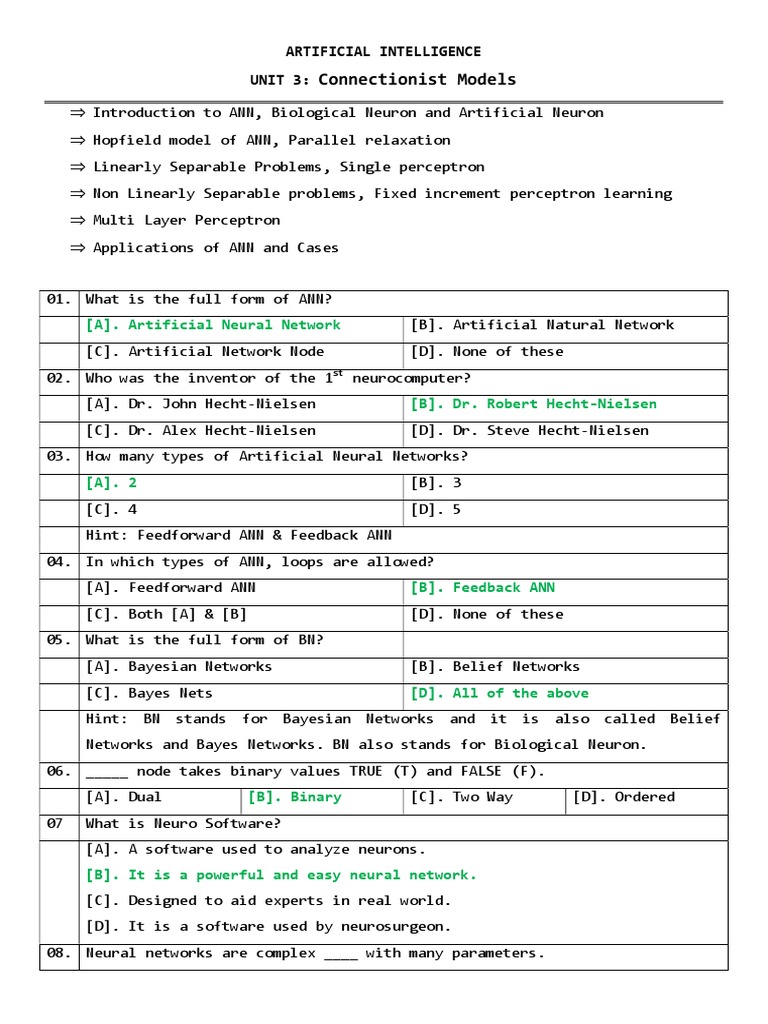 Final Mcqs Ai Unit 3 | PDF | Artificial Neural Network | Applied ...