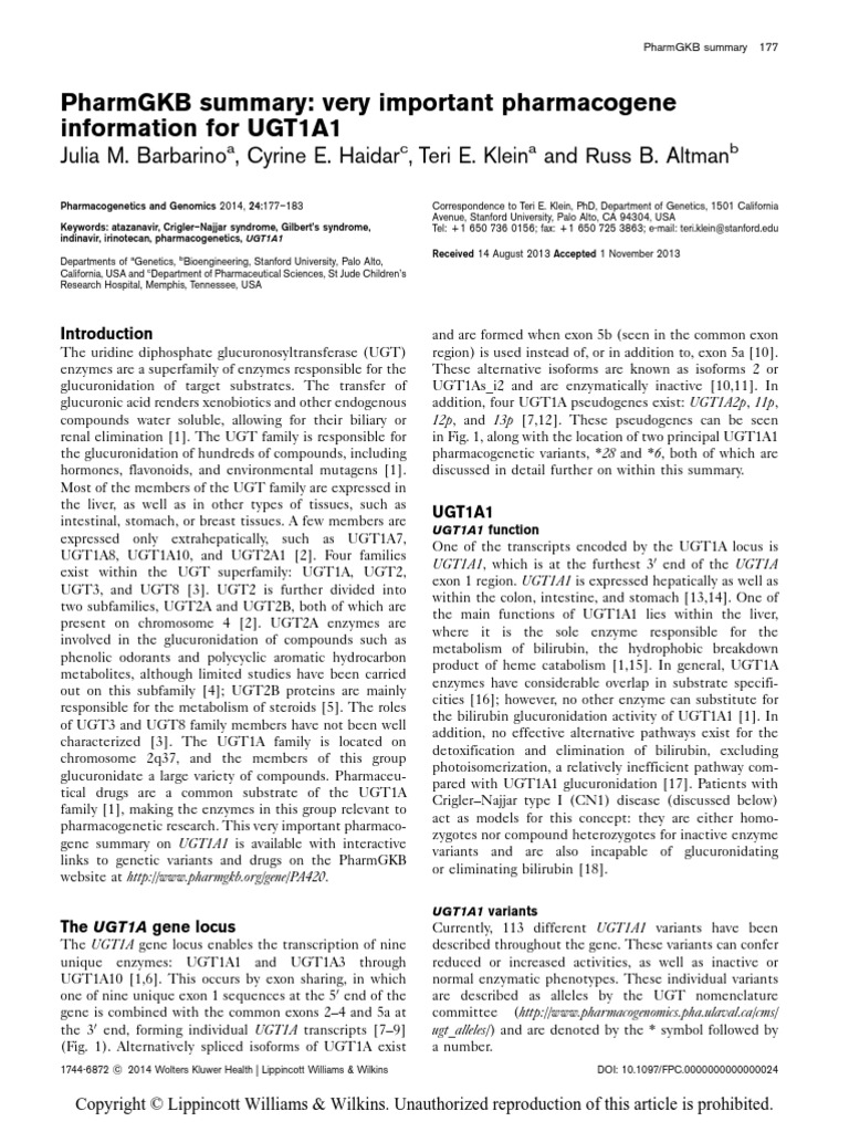 Pharmgkb Summary: Very Important Pharmacogene Information For Ugt1A1 ...