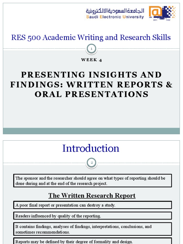 RES 500 - W04 - Presenting Insights and Findings WrittenReports Oral ...