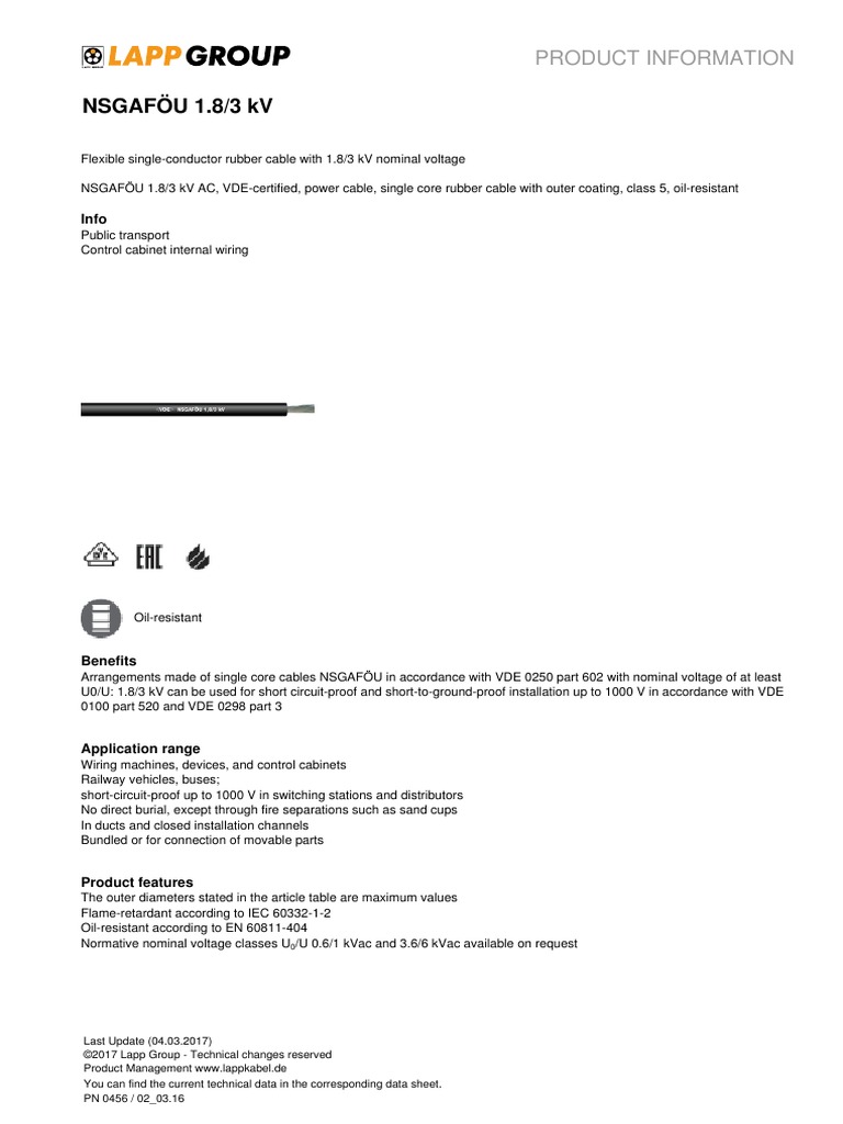 Cable NSGAFOU - LAPP Group | PDF | Electrical Wiring | Electric Power