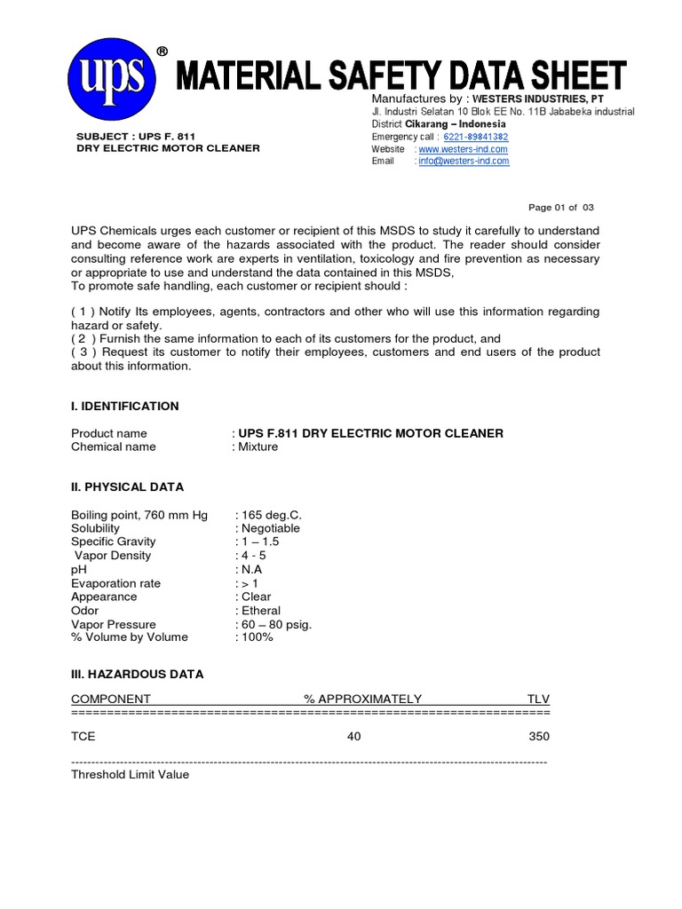 UPS F.811 Electric Motor Cleaner MSDS | PDF | Toxicity | Water