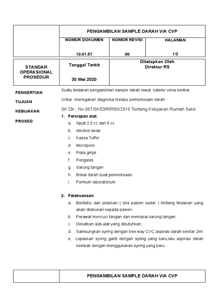 Spo Pengambilan Sample Darah Via CVP | PDF