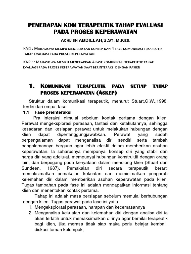 Konsep Komunikasi Terapeutik Pada Tahap Evaluasi Pada Proses Keperawatan.. | PDF