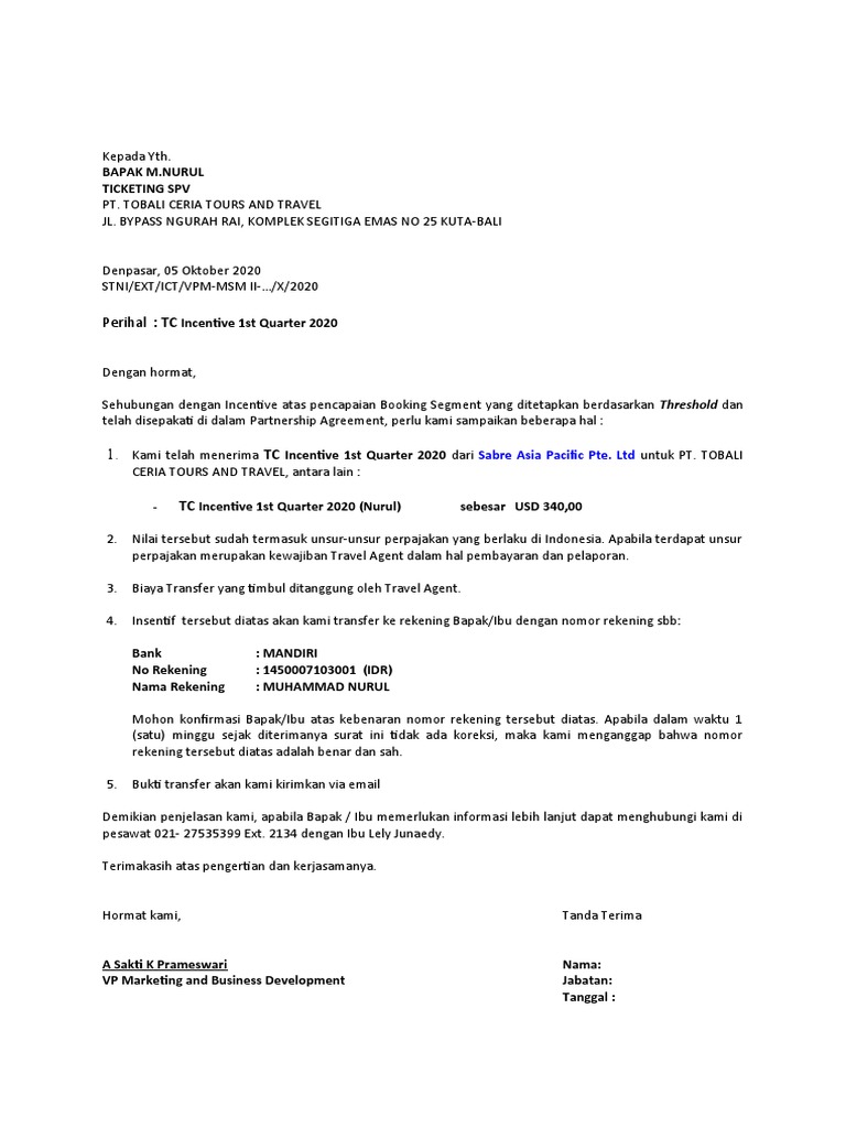 Surat Incentive TC Q1 2020 | PDF | Pengelolaan Keuangan & Uang