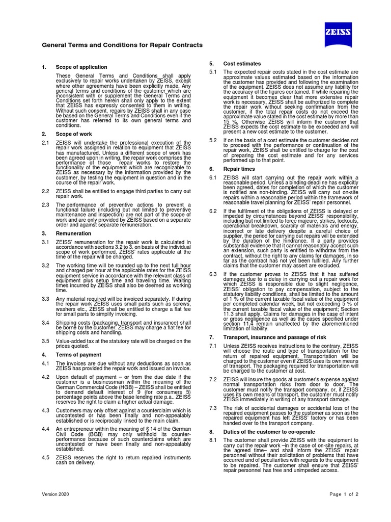 General Terms and Conditions For Repair Contracts: 1. Scope of ...