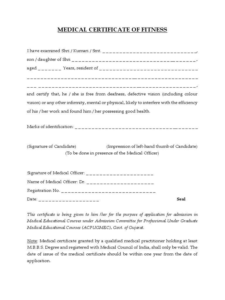Medical Fitness Certificate - Format | PDF