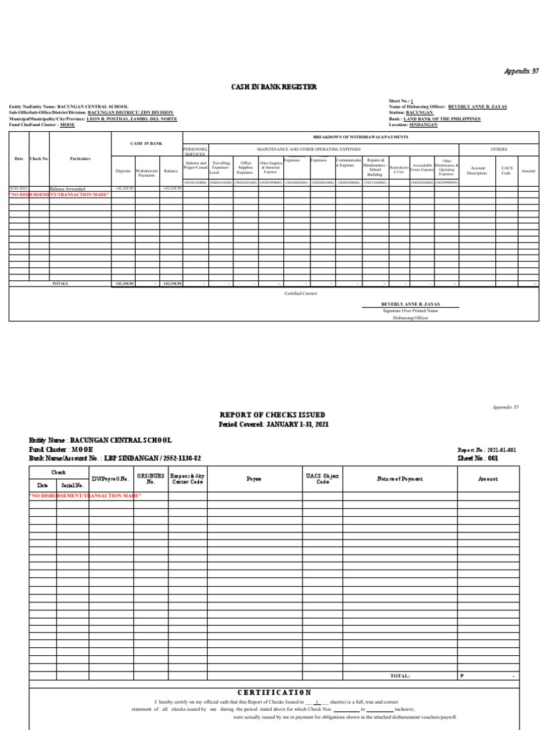 SAMPLE CBReg, RCI & RAAF (With No Disbursement Made) | PDF | Cheque ...