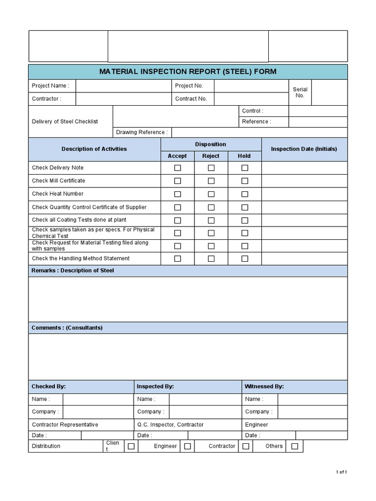 Material Inspection Report Steel Form | PDF