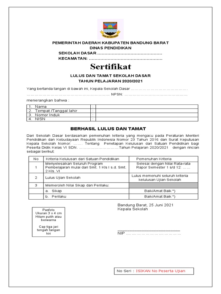 Sertifikat Lulus & Tamat SD 2021 SD by Asrach62 | PDF