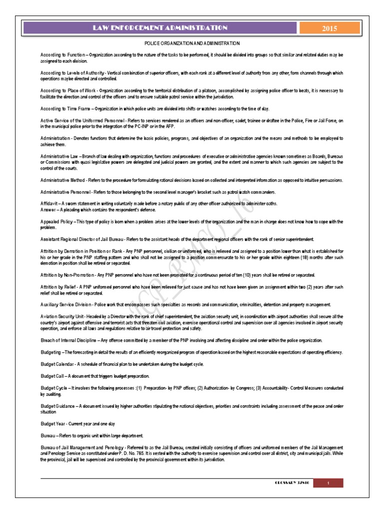 Law Enforcement Administration Glossary | PDF | Inspector | Police