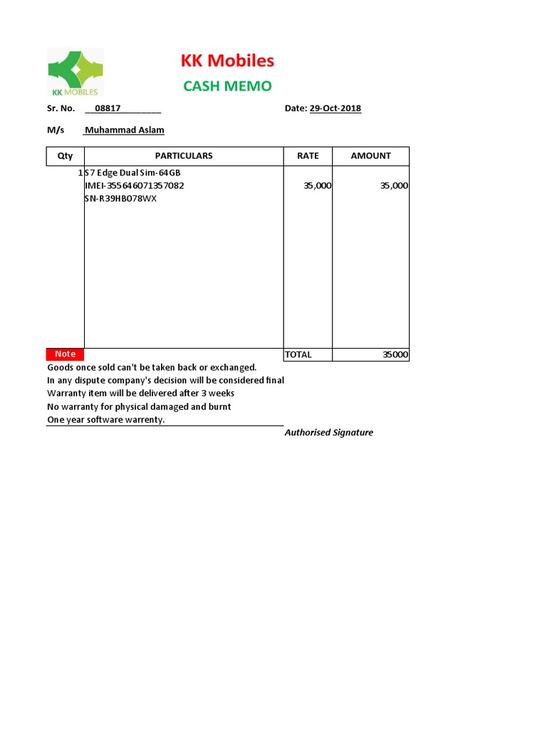 Mobile Shop Cash Memo Template | PDF