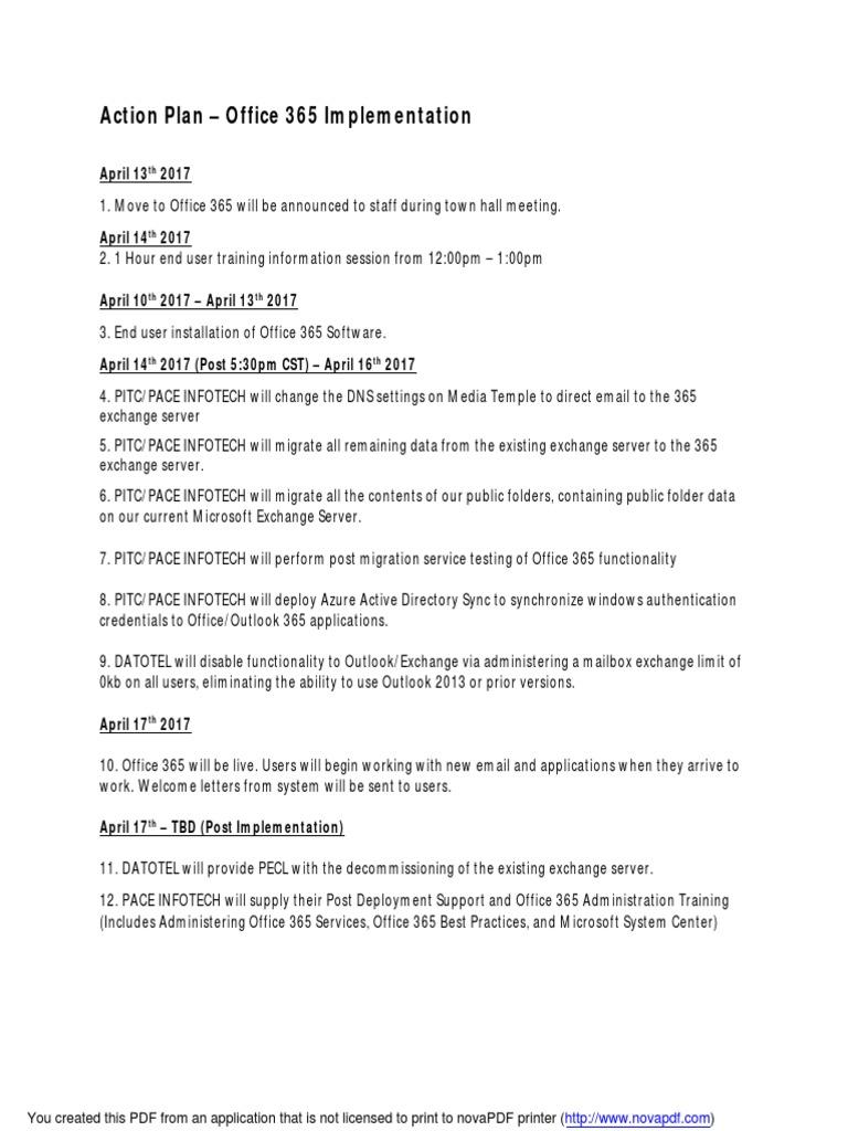 Office 365 Implementation Action Plan | PDF