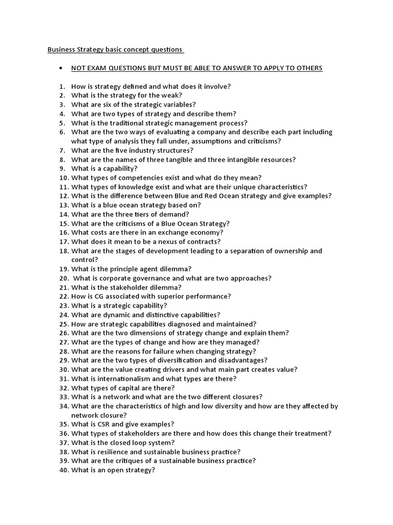 Business Strategy Basic Concept Questions | PDF | Strategic Management ...
