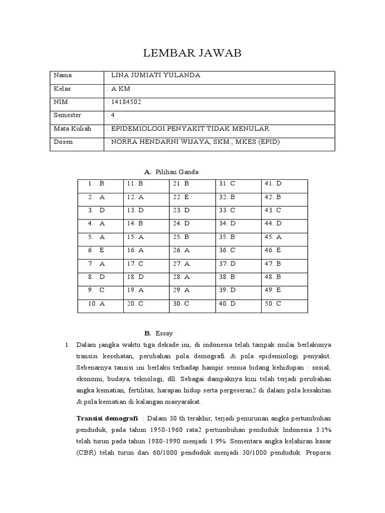 Uts Epid Ptm-A KM 4-Lina Jumiati Y-14184502 | PDF