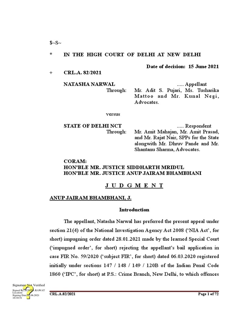 Natasha Narwal Bail Order | Download Free PDF | Bail | Arrest