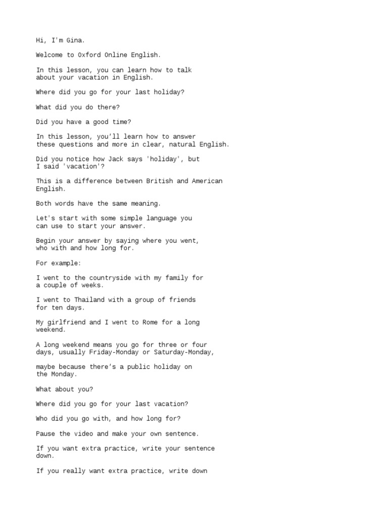Talking About Your Vacation in English | PDF | English Language ...