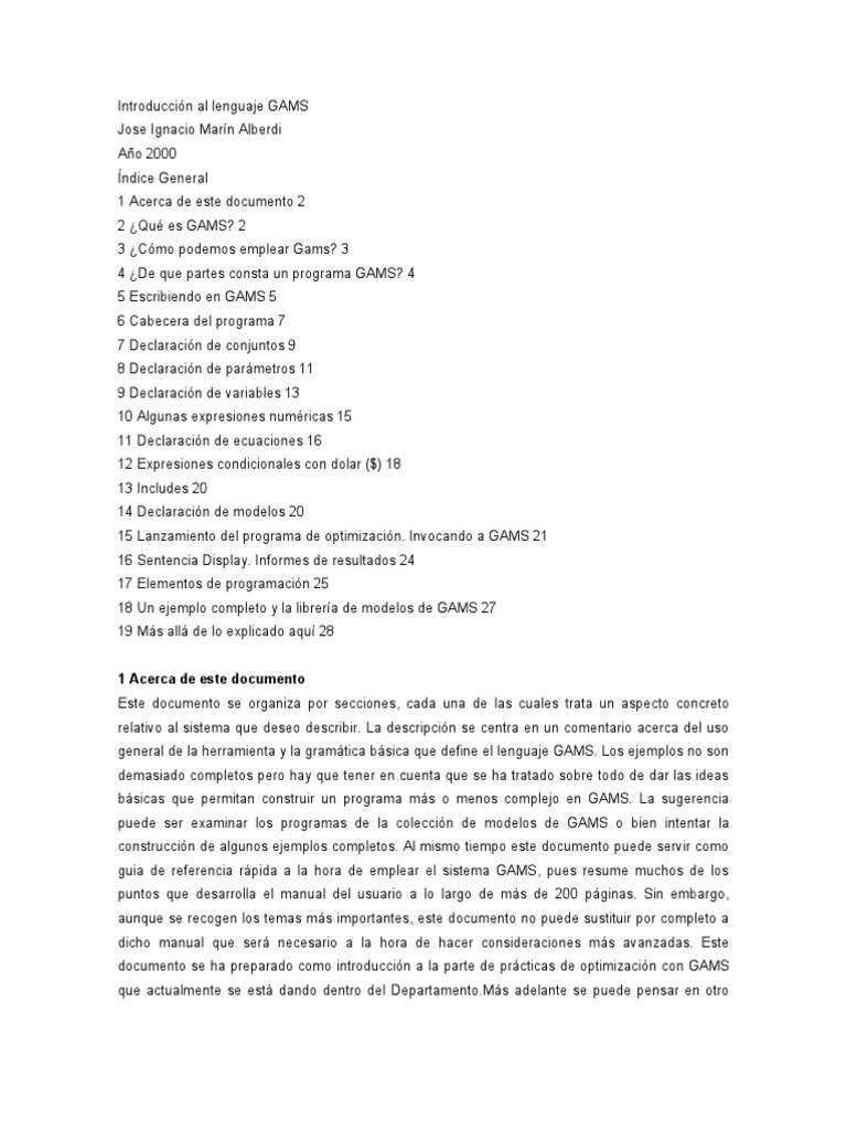 Introducción Al Lenguaje GAMS | PDF | Lenguaje de programación ...