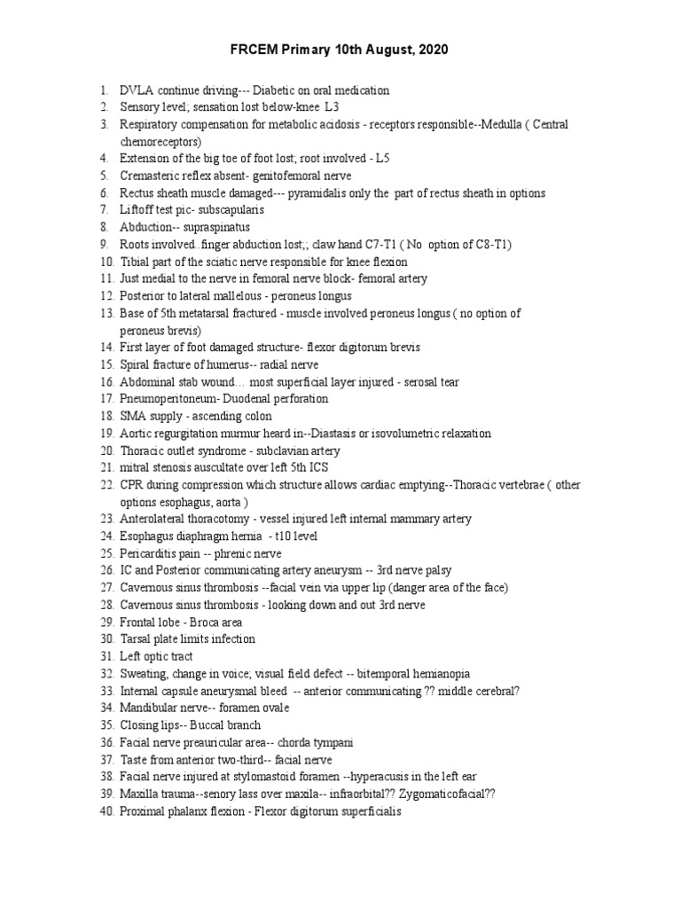 FRCEM Primary 10th August, 2020 | PDF | Aorta | Heart