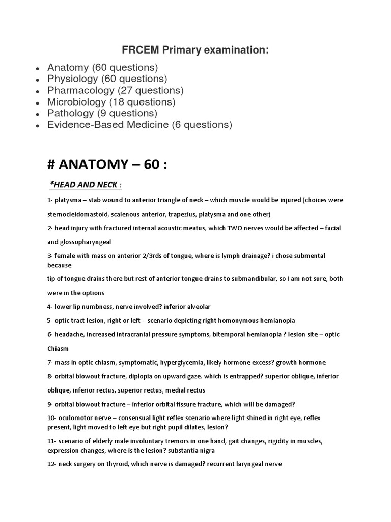 FRCEM Primary Exam Question Breakdown | PDF | Elbow | Abdomen