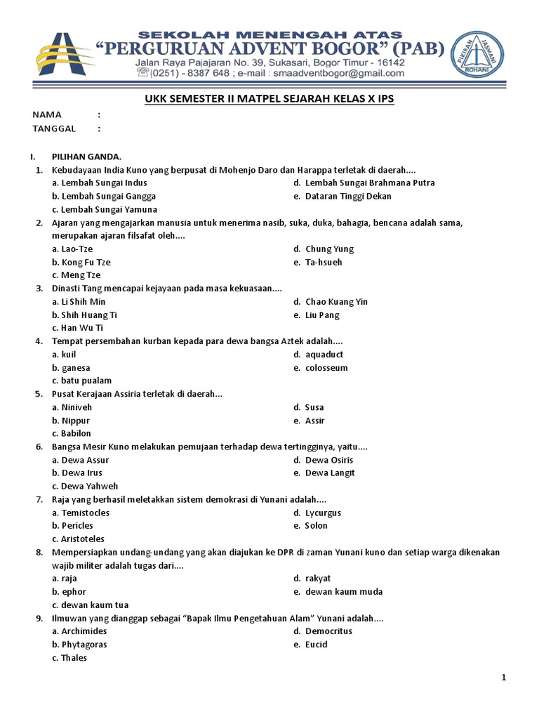 Soal Pat Sejarah Peminatan Kelas X Sma 2020 | PDF