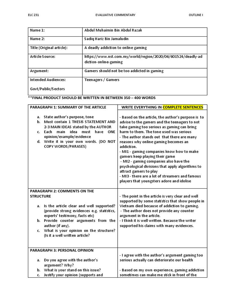 ELC 231 - Article Outline | PDF | Argument | Communication