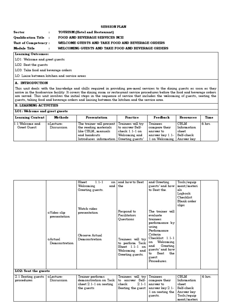 Session Plan-Fbs Updated | PDF | Tableware | Foodservice