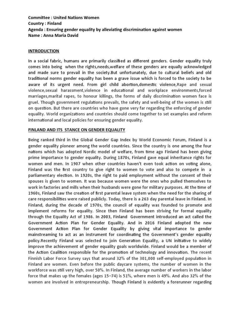 Finland's Leadership in Achieving Gender Equality: Recommendations and ...