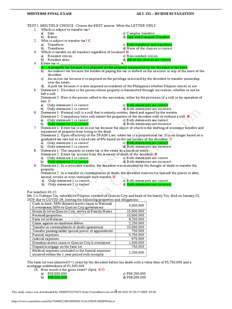This Study Resource Was: Midterm-Final Exam Aec 215 - Business Taxation ...