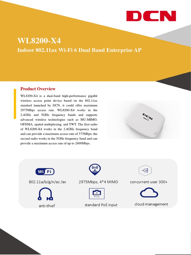 DCN WL8200 X4 Indoor 802.11ax Wi Fi 6 Dual Band Enterprise AP Datasheet ...