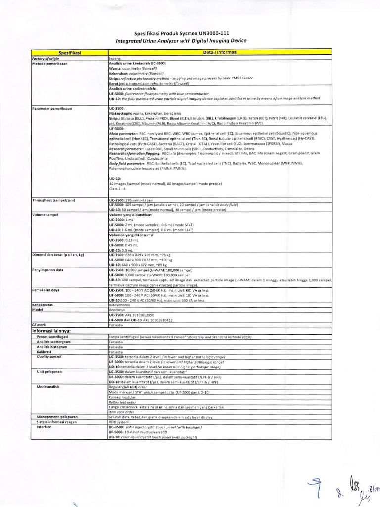Spesifikasi Sysmex UN3000-111 | PDF