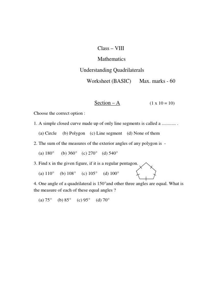 WORKSHEET-understanding Quadrilaterals - Class 8 | PDF | Rectangle | Elementary Geometry