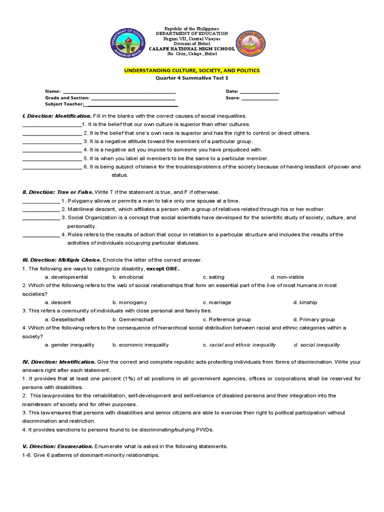 Culture, Society, Politics Test | PDF | Disability | Discrimination