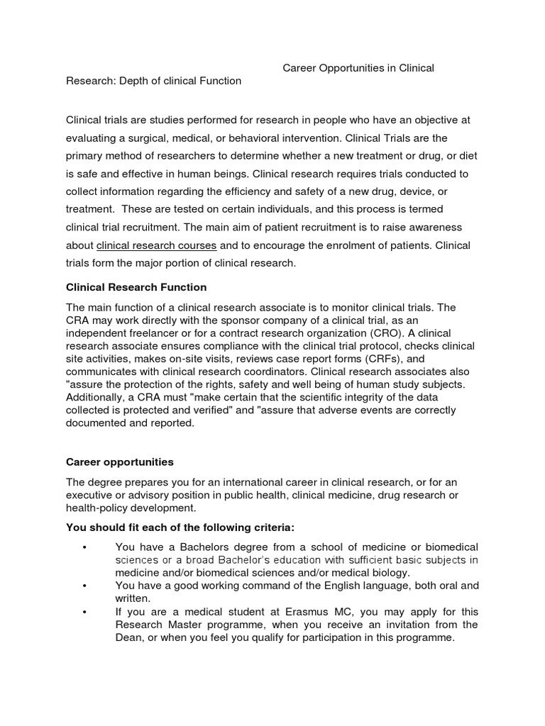 Career Opportunities in Clinical Research Depth of Clinical Function ...