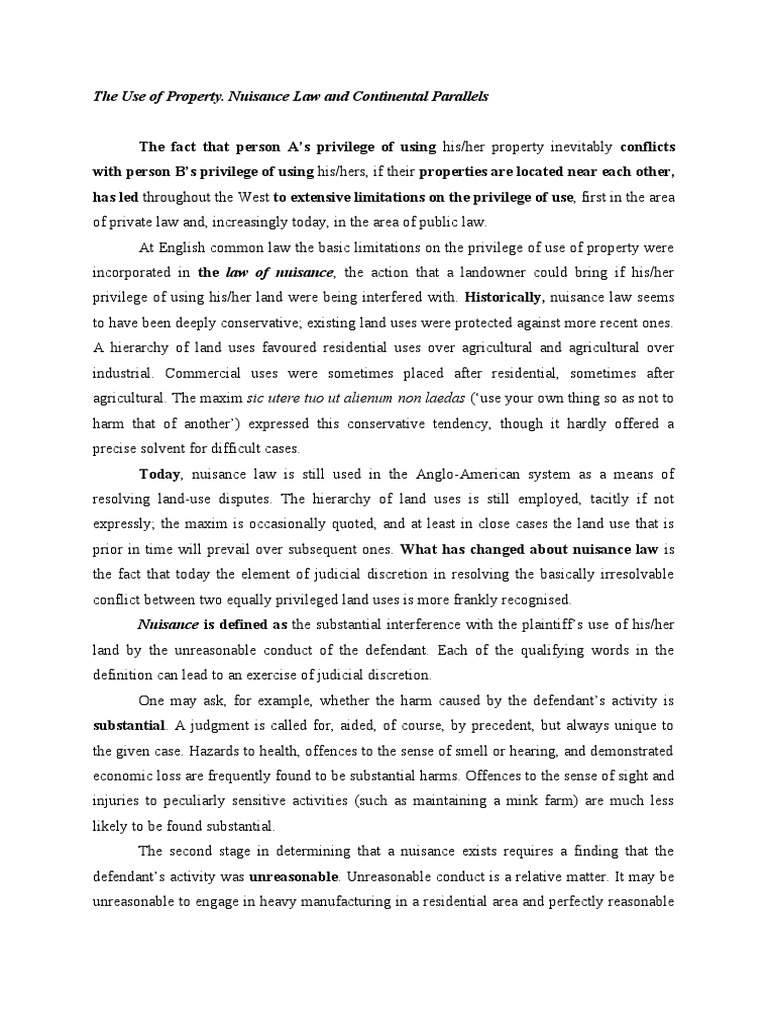 The Use of Property. Nuisance | PDF | Nuisance | Damages
