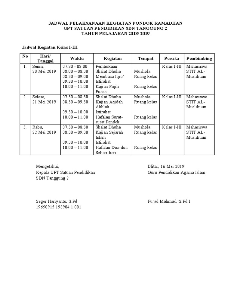 Jadwal Pelaksanaan Kegiatan Pondok Ramadhan | PDF