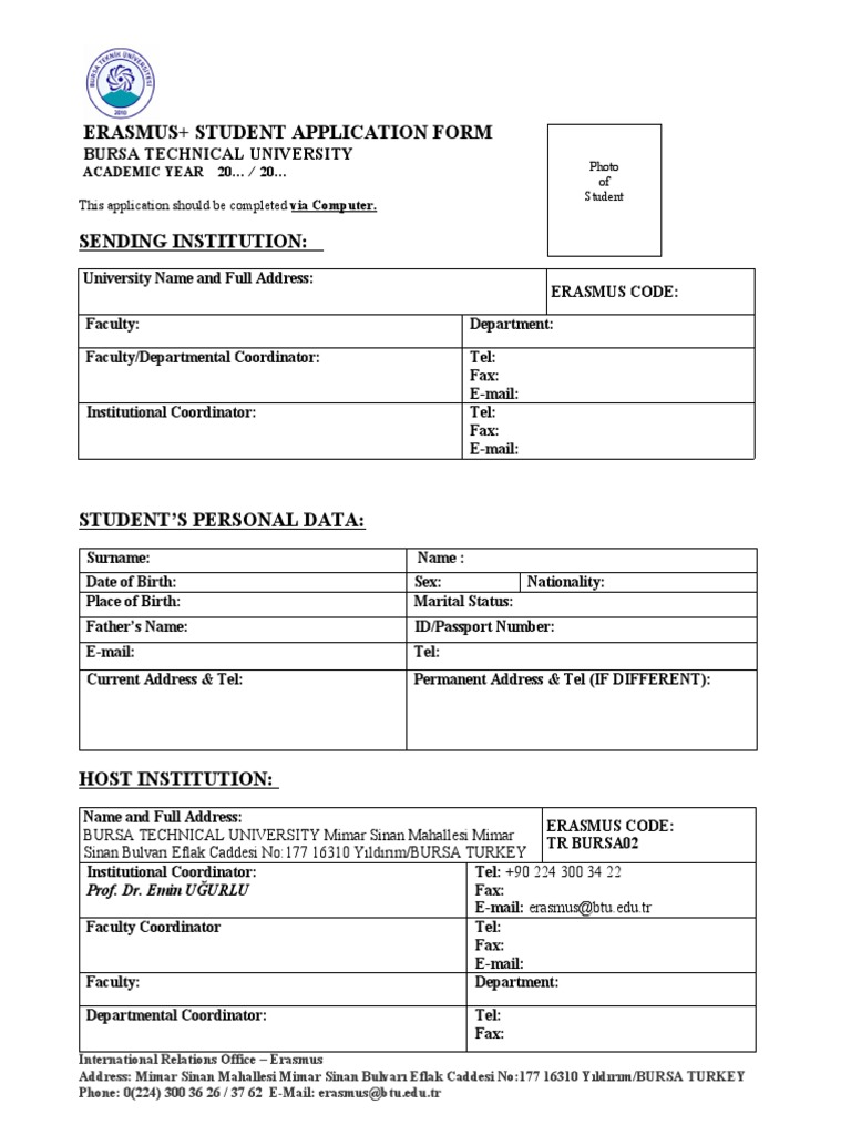 Erasmus+ Student Application Form: Bursa Technical University | PDF ...