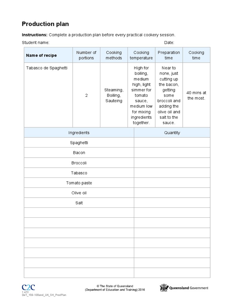 Production plan template | PDF | Spaghetti | Cooking
