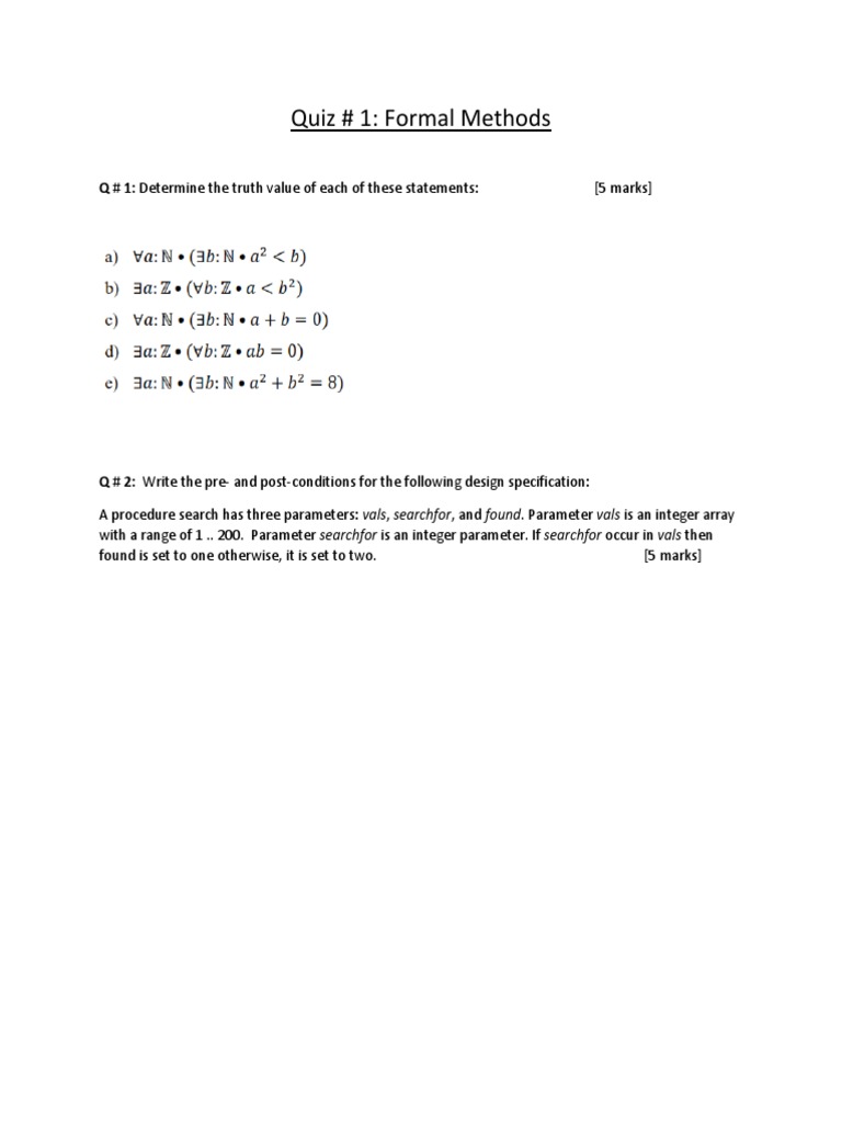Quiz 1 FORMAL METHODS | PDF