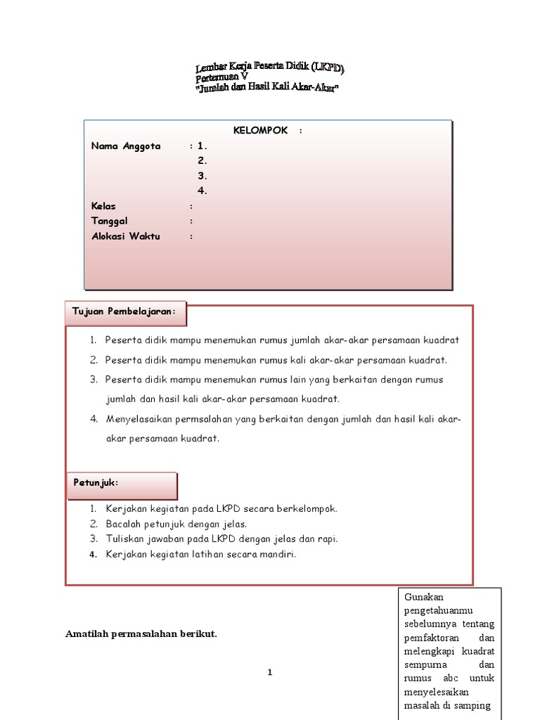 LKPD Jumlah Dan Hasil Kali Akar-Akra PK | PDF