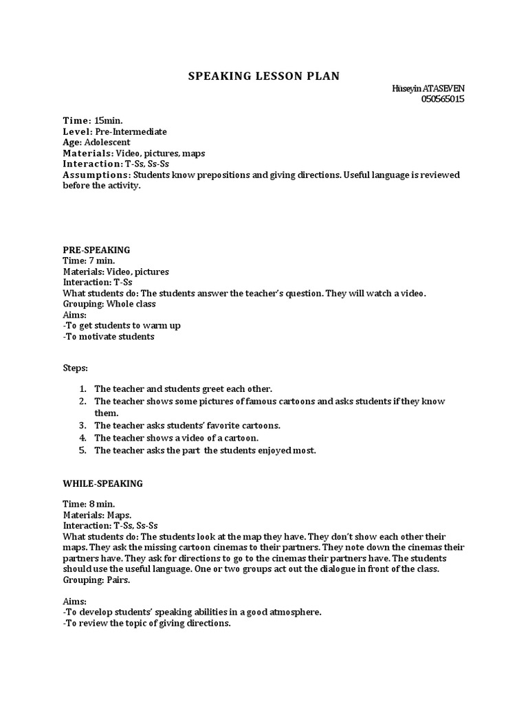 Speaking Plan | PDF | Teachers | Teaching