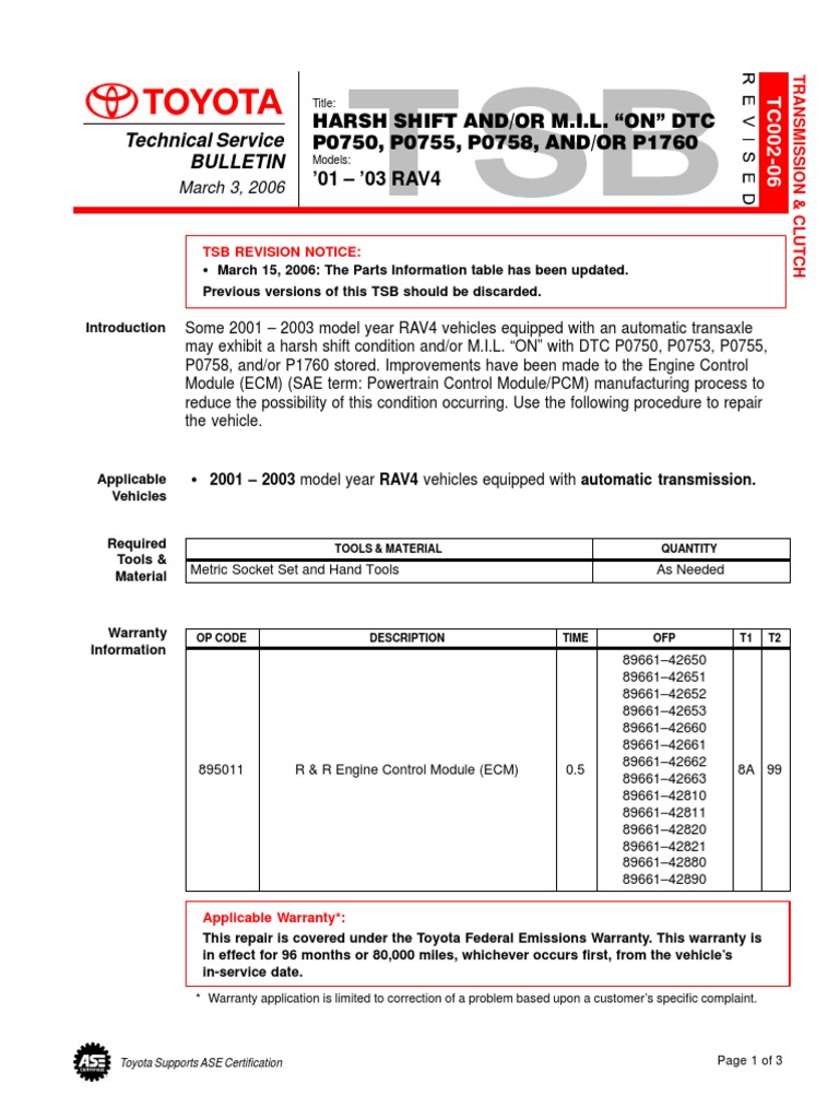 Technical Service Bulletin: Harsh Shift And/Or M.I.L. On" DTC P0750 ...