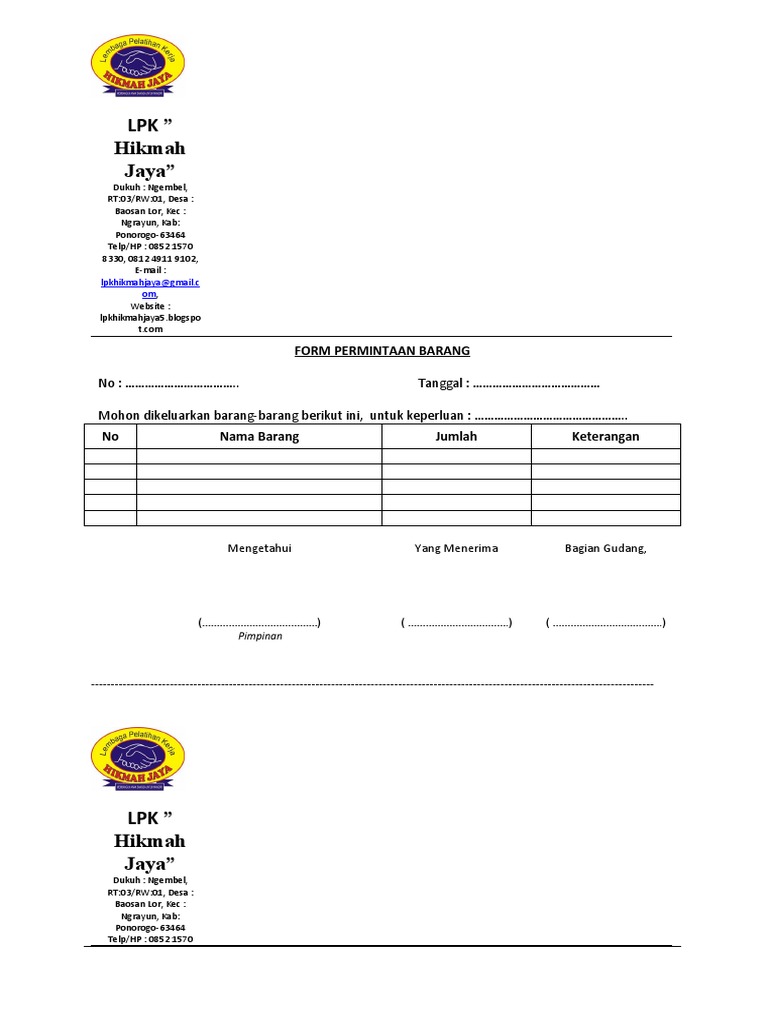Contoh FORM PERMINTAAN BARANG | PDF