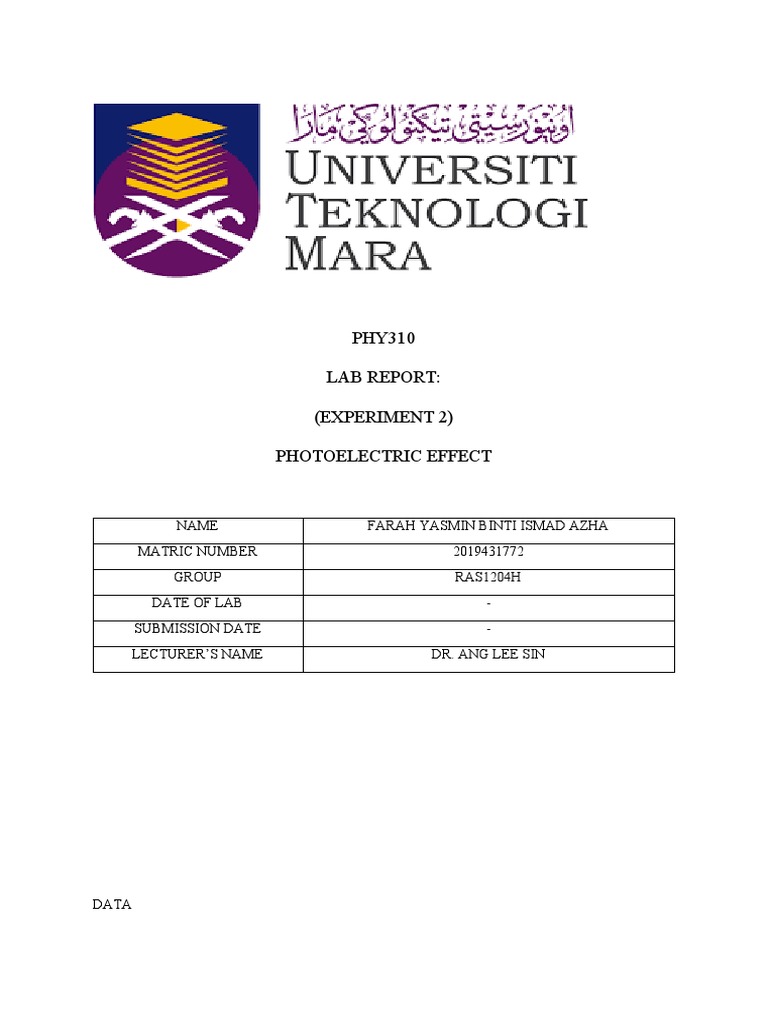 PHY310 Lab Report: (Experiment 2) Photoelectric Effect | PDF