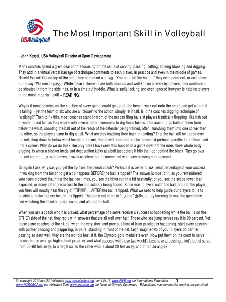 The Most Important Skill in Volleyball: - John Kessel, USA Volleyball Director of Sport ...
