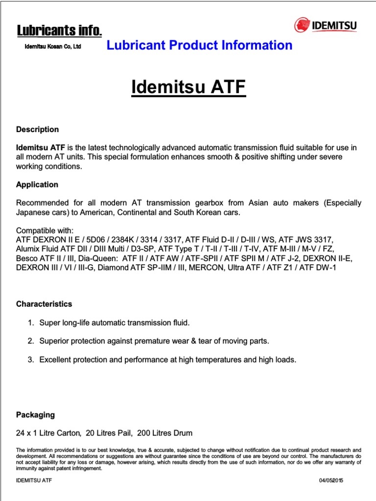 Oli Idemitsu ATF Indonesia Rev | PDF | Liquids | Soft Matter